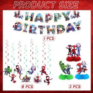 Spidey And His Amazing Friends Birthday Party Decorations, Include Happy Birthday Banners,Hanging Swirls and Honeycomb Centerpiece for Spidey Party Supplies