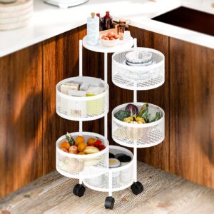 rotating kitchen storage rack no assembly, fruit basket for kitchen, metal storage tower basket shelves organizer on rolling wheels with removal drawers for fruit vegetable 5 layers