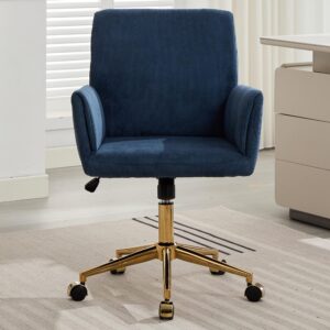 stripes velvet home office desk chair accent upholstered modern height adjustable 360° armchairs with gold base for women girls ergonomic study seat computer task stools for living room（navy blue）