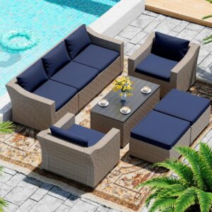 LHBcraft Patio Conversation Set Rattan Outdoor 8 Piece Sectional Furniture Sofa Set Wicker Couch with Coffee Table and Cushions for Poolside, Backyard