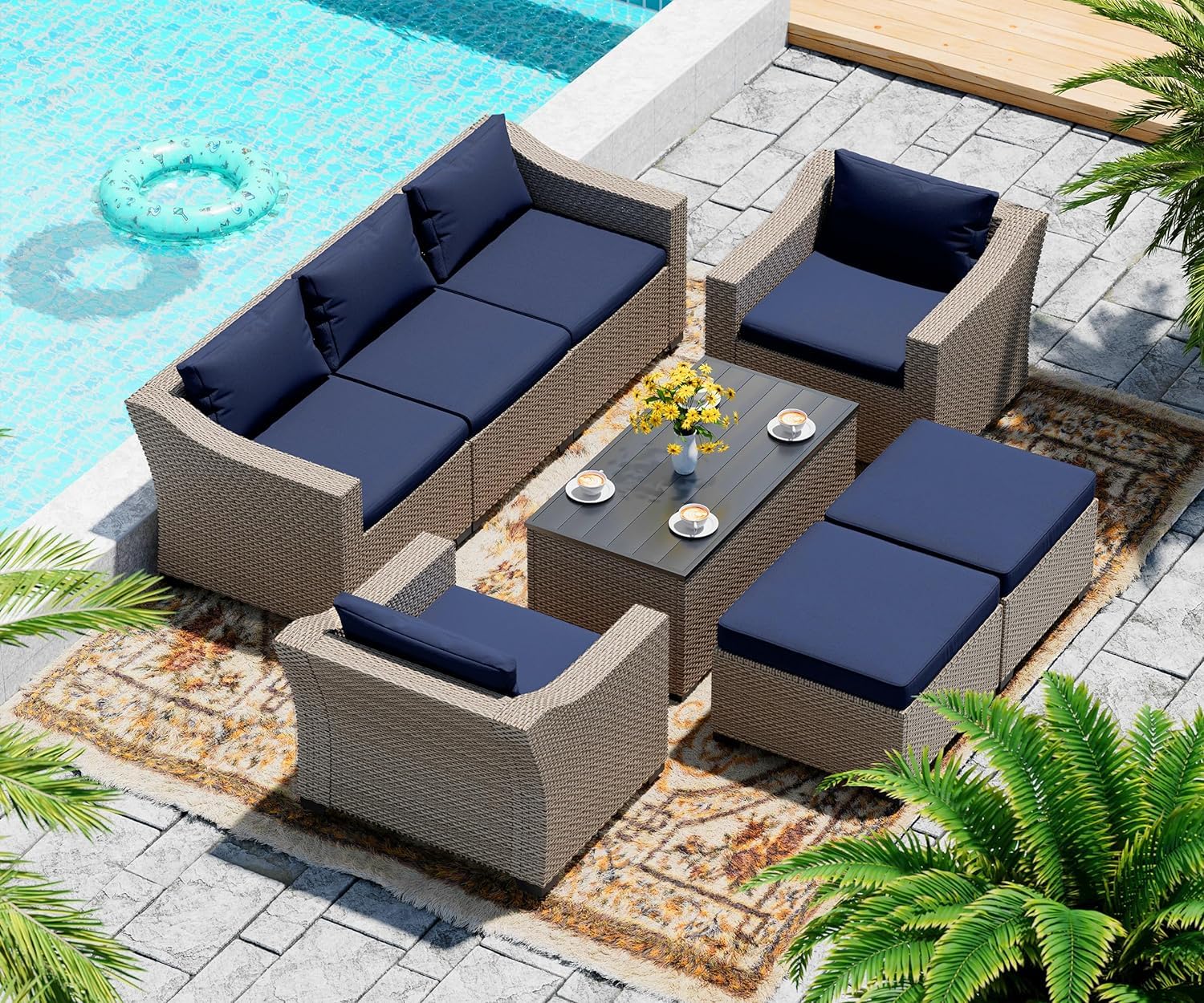 LHBcraft Patio Conversation Set Rattan Outdoor 8 Piece Sectional Furniture Sofa Set Wicker Couch with Coffee Table and Cushions for Poolside, Backyard