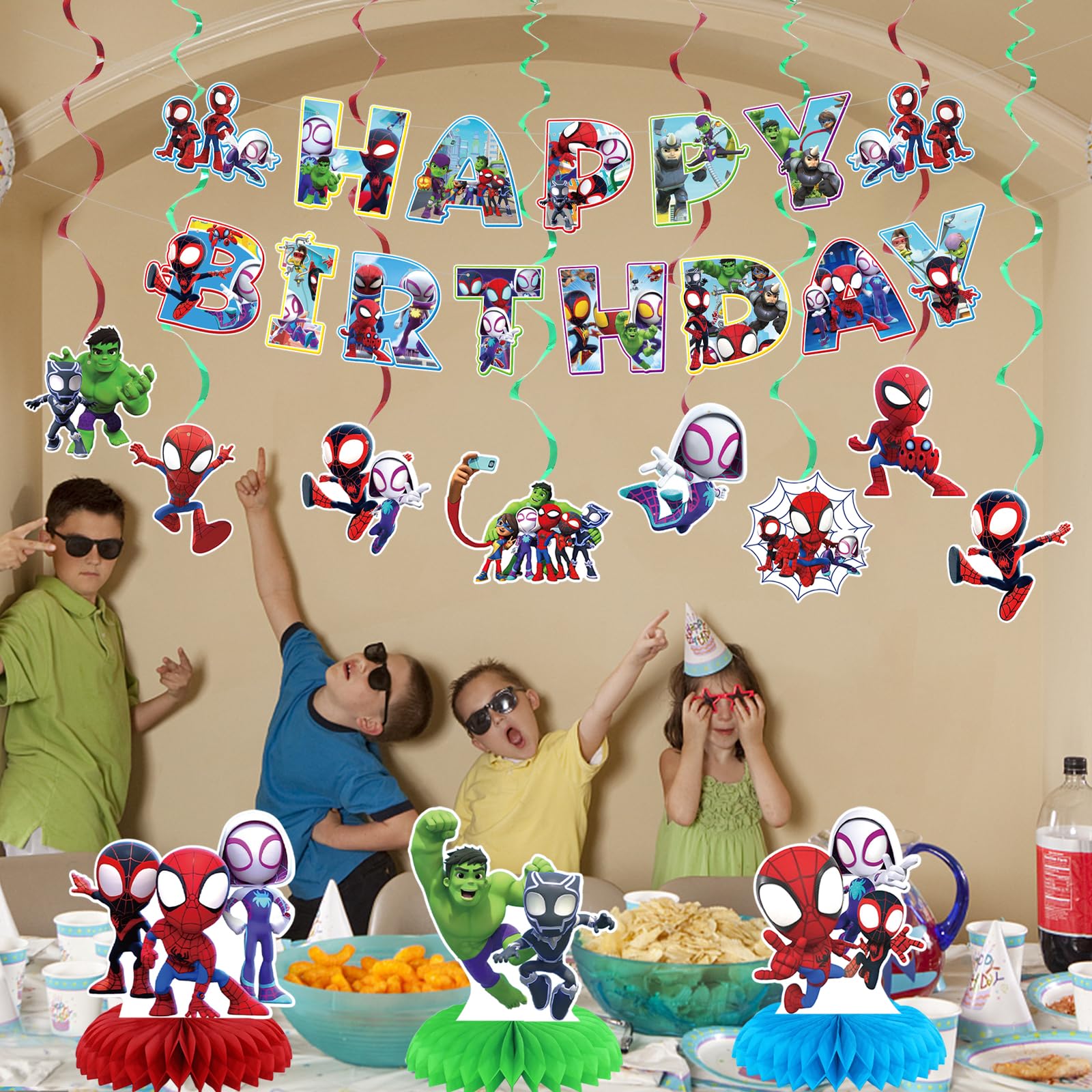 Spidey And His Amazing Friends Birthday Party Decorations, Include Happy Birthday Banners,Hanging Swirls and Honeycomb Centerpiece for Spidey Party Supplies