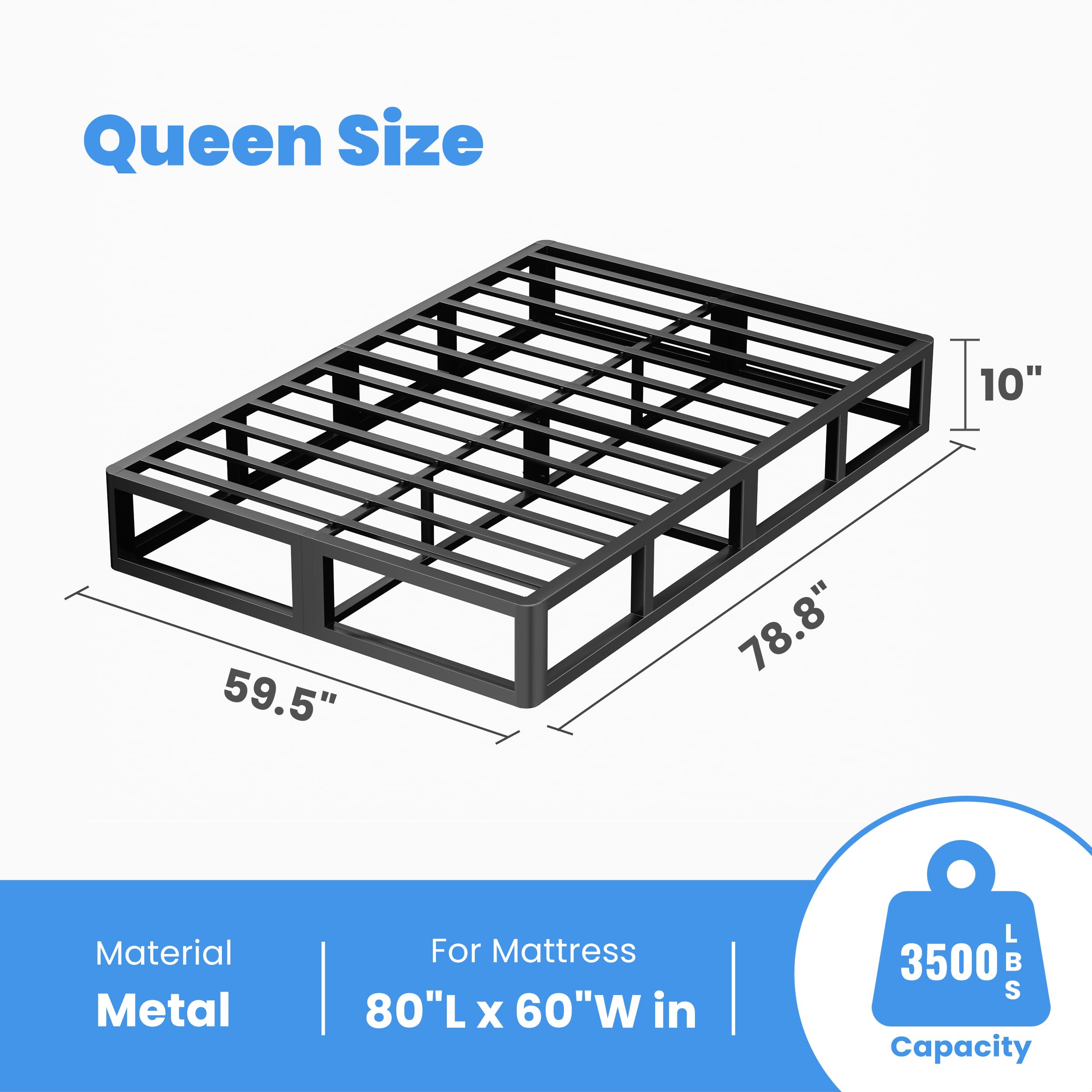 ROIL 10 Inch King Box Spring, Heavy Duty Metal Box Spring Mattress Foundation with Fabric Cover, 3500lbs Max Weight Capacity, Easy Assembly, Noise Free, Non-Slip