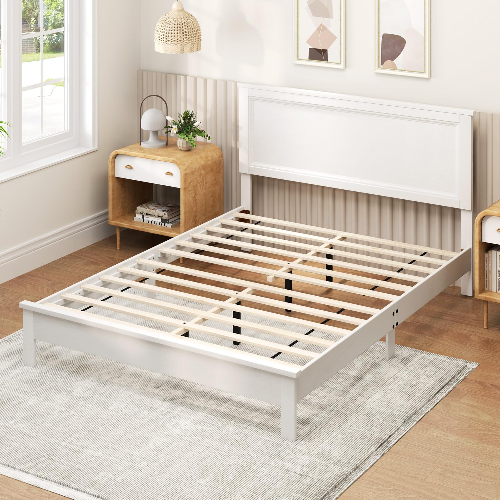 KOMFOTT Full Size Wood Platform Bed Frame with Headboard, Wooden Mid Century Platform Bed with Slat Support & Under Bed Storage, Mattress Foundation Bed Base, No Box Spring Needed, White