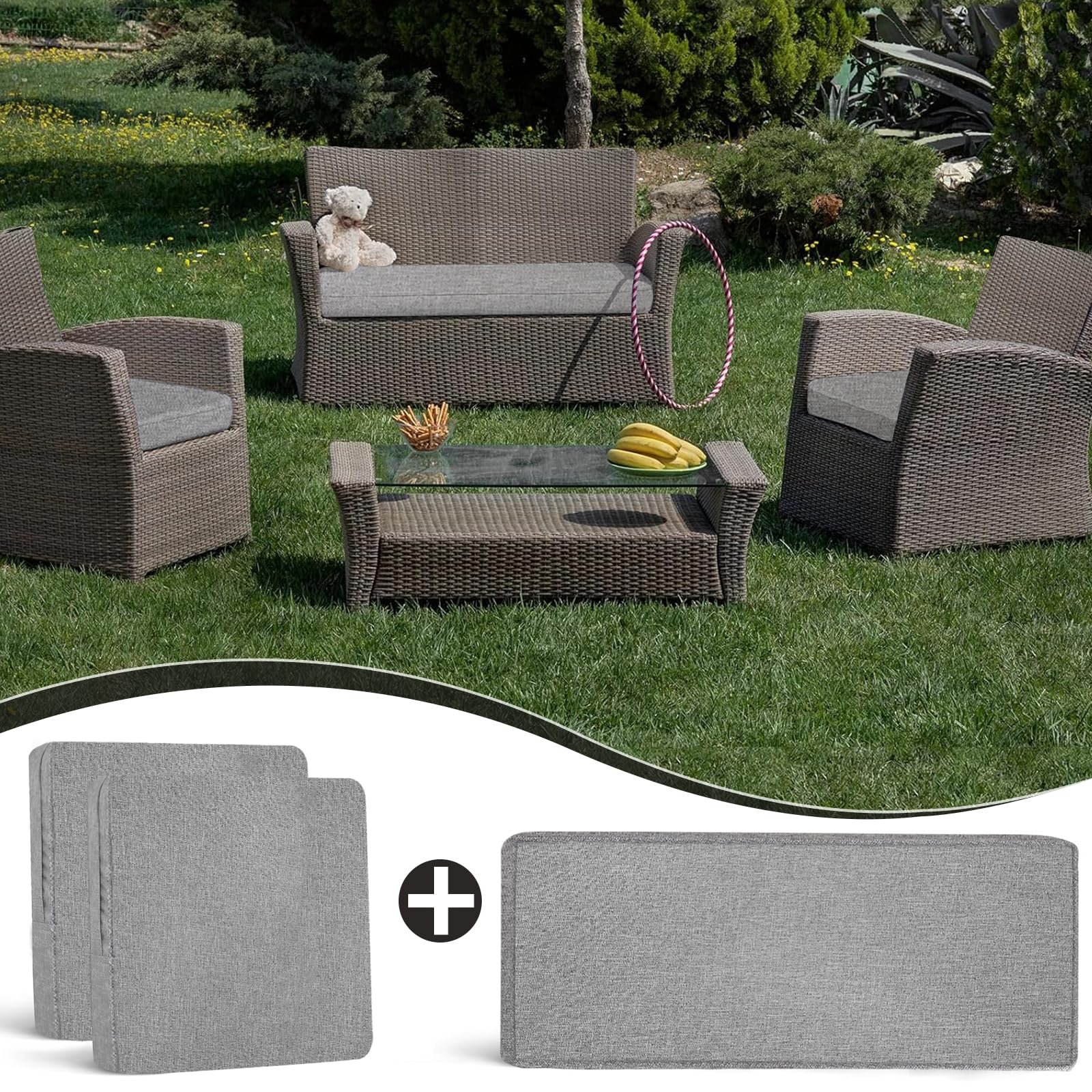 BRUXOLAY 3 Pack Patio Outdoor Cushion Covers, Waterproof and Fade Resistant Patio Furniture Cushion Covers for 4 Pack 4 Seat Wicker Rattan Patio Furniture, Only Cover 36x18x2,18x18x2,Gray