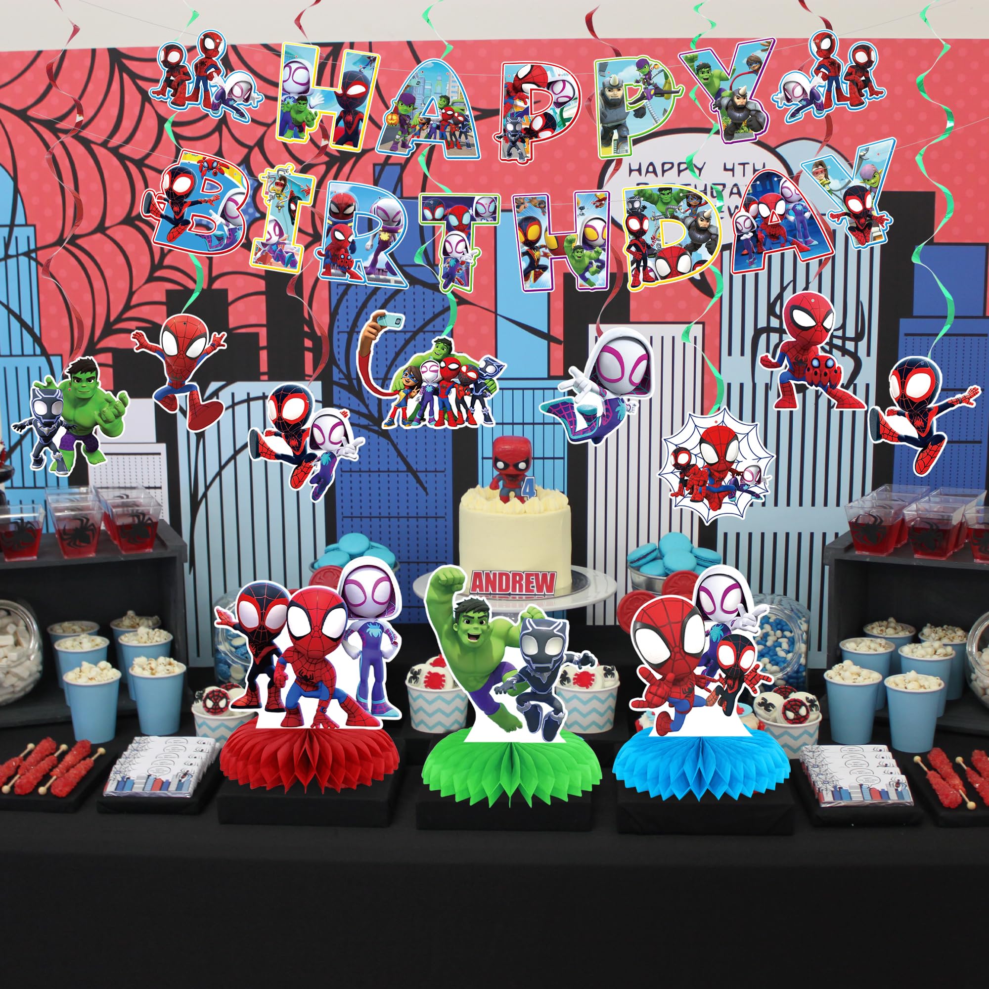 Spidey And His Amazing Friends Birthday Party Decorations, Include Happy Birthday Banners,Hanging Swirls and Honeycomb Centerpiece for Spidey Party Supplies