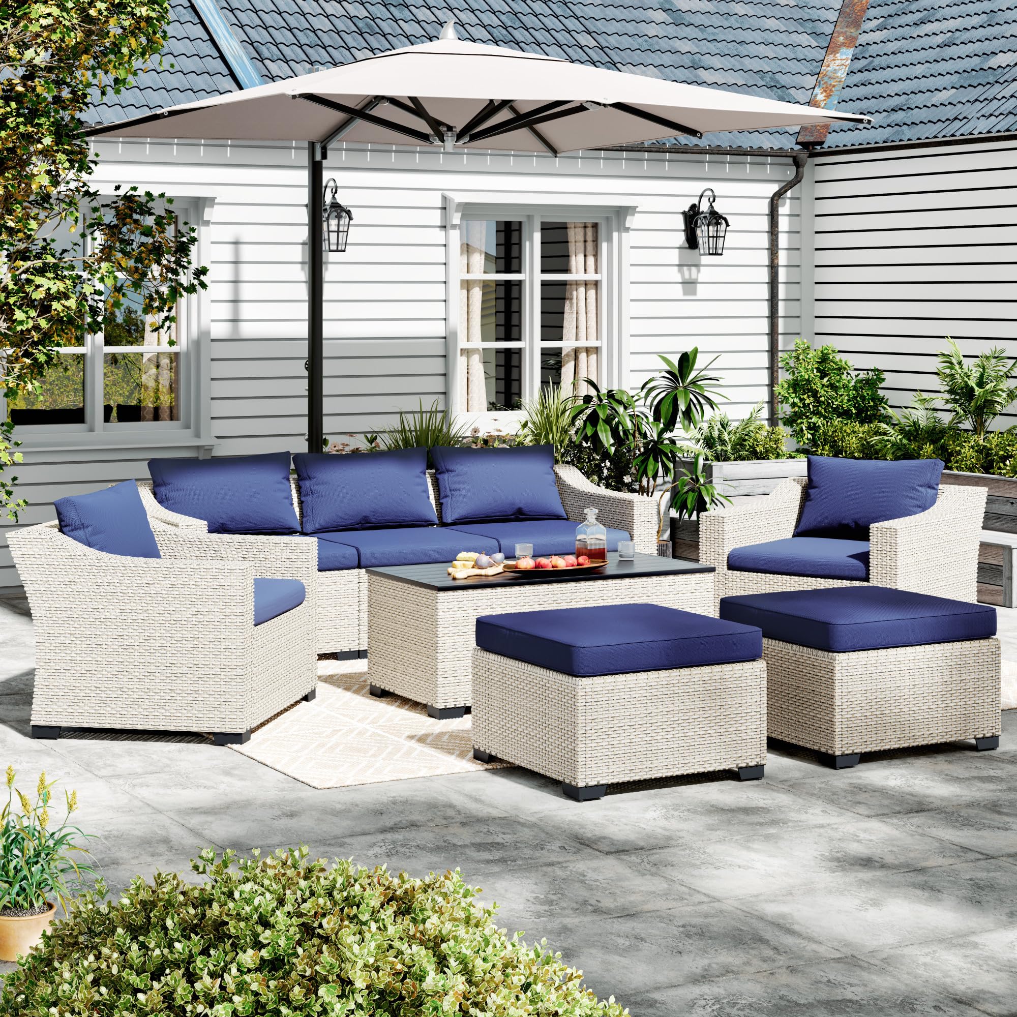 LHBcraft Patio Conversation Set Rattan Outdoor 8 Piece Sectional Furniture Sofa Set Wicker Couch with Coffee Table and Cushions for Poolside, Backyard