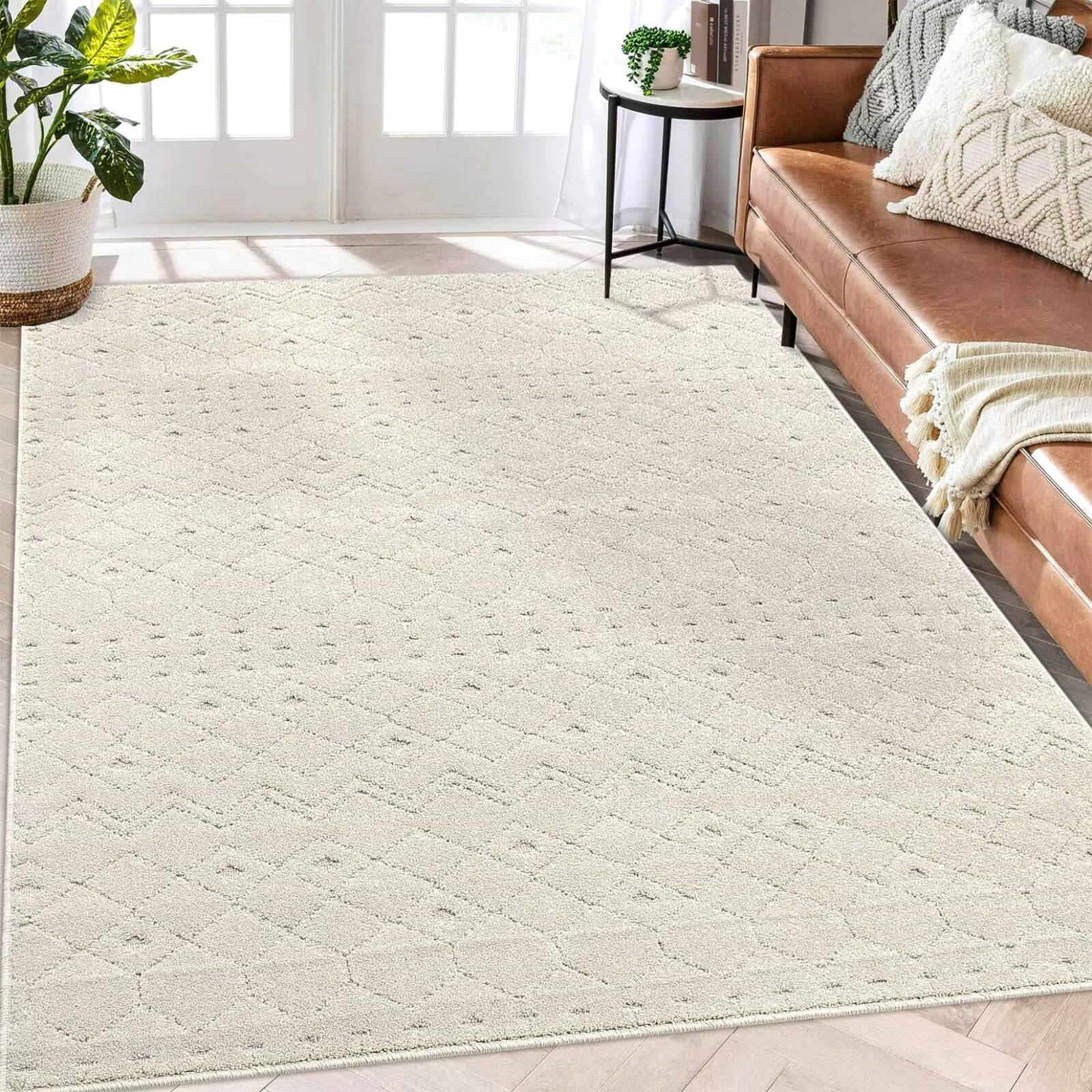 COZYLOOM Area Rug 3x5 Shag Entryway Rug Moroccan Farmhouse Area Rug Beige Rug Nursery Decor Non-Slip Boho Textured Rug Non-Shedding Low Pile Area Rug for Living Room Bedroom Dining Room Home Office