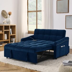 ball & cast velvet sleeper sofa bed, 3 in 1 convertible couch with adjsutable back and two arm pockets, 53" loveseat with type c and usb charging for living room, apartment,blue