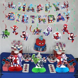 Spidey And His Amazing Friends Birthday Party Decorations, Include Happy Birthday Banners,Hanging Swirls and Honeycomb Centerpiece for Spidey Party Supplies