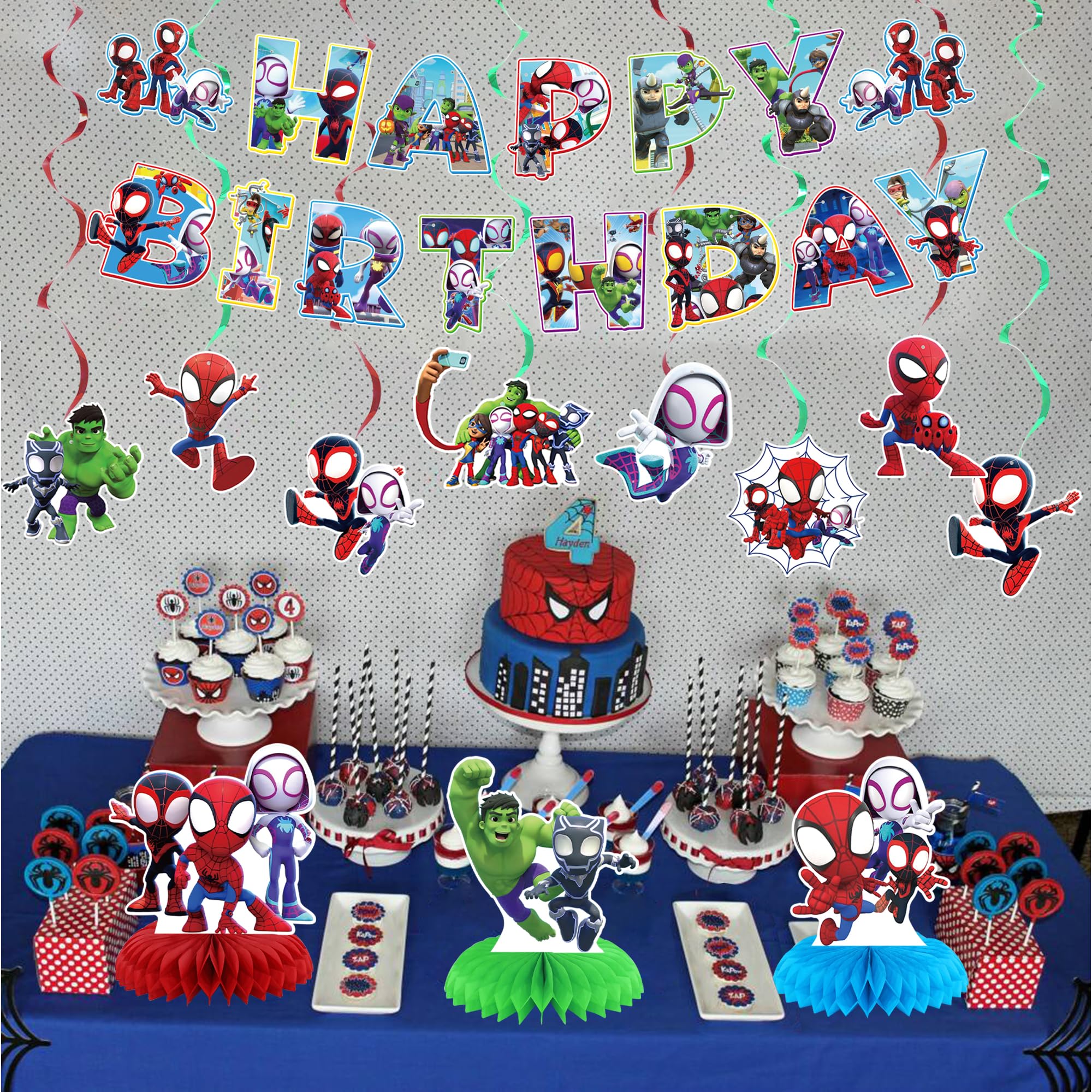 Spidey And His Amazing Friends Birthday Party Decorations, Include Happy Birthday Banners,Hanging Swirls and Honeycomb Centerpiece for Spidey Party Supplies