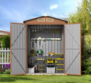 florise outdoor storage shed, 5x3 ft metal steel tiny house with frame floor & lockable door, vertical outside storage building for garden, backyard, lawn, patio utility, tool storage