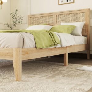 Queen Size Platform Bed with Rattan Headboard, Wood Platform Bed Frame with Support Legs, Queen Rattan Bed Frame for Bedroom, No Box Spring Needed, Easy Assembly, Natural