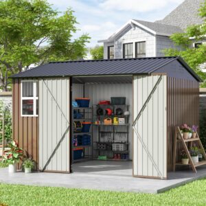 hogyme 10x10 ft outdoor storage shed, large metal tool sheds with updated frame structure and lockable doors, garden shed for backyard garden patio lawn, brown