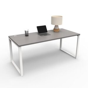 connect it 60"x30" desk with grey strand top and modern white metal o-leg frame