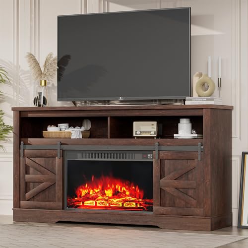 YESHOMY Fireplace TV Stand for Television up to 65+ Inch with Storage and Farmhouse Sliding Barn Doors, Entertainment Center with Cabinet and Shelves, Media Console for Living Room, Dark Brown