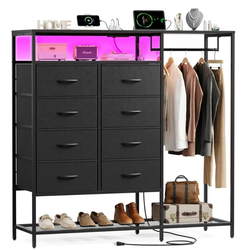 Black Dresser for Bedroom with 8 Drawers, Bedroom Dresser with Hanging Rack, Clothes Dresser with Led Lights, Closet Dresser with Charging Station, 47 Inch Dresser with Shelves for Bedroom, Closet