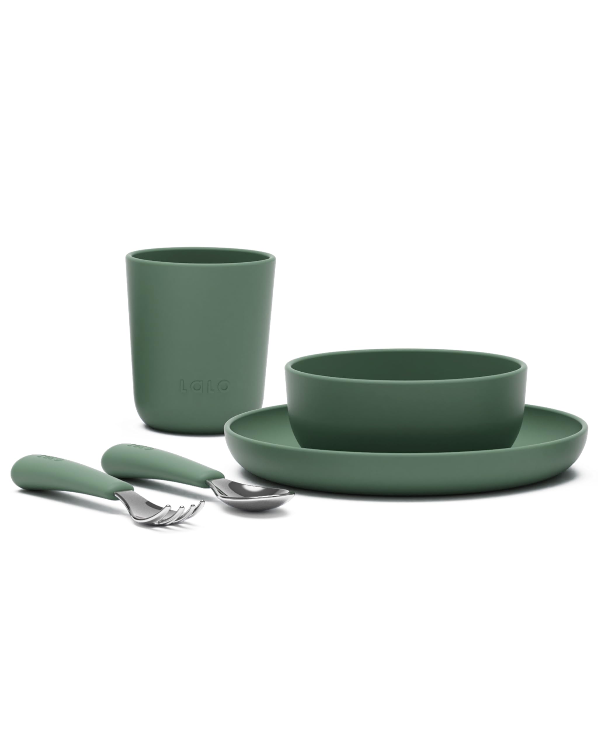 Lalo Big Bites Kids Dinnerware Starter Set - Dishwasher Safe, BPA Free, Kids Tableware Set - Includes Stackable Bowl, Plate, Utensils & Cup - 5 Pieces - Olive