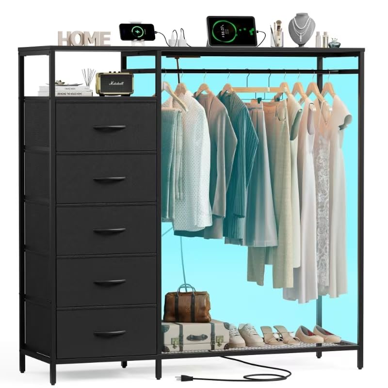 Black Dresser with Hanging Rack, Dresser for Bedroom with 5 Drawers, Clothes Dresser with Led Lights, Closet Dresser with Charging Station, 47 Inch Dresser with Shelves for Bedroom, Closet