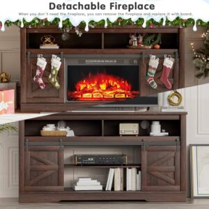 YESHOMY Fireplace TV Stand for Television up to 65+ Inch with Storage and Farmhouse Sliding Barn Doors, Entertainment Center with Cabinet and Shelves, Media Console for Living Room, Dark Brown