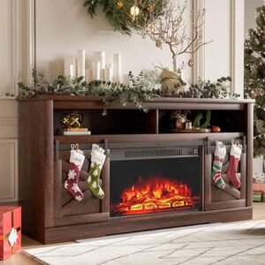 yeshomy fireplace tv stand for television up to 65+ inch with storage and farmhouse sliding barn doors, entertainment center with cabinet and shelves, media console for living room, dark brown