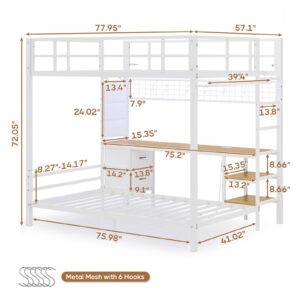 DICTAC Full Over Twin Size Bunk Bed with Desk and Led Lights Metal Loft Bed Frame with Charging Station,Storage Shelves and Drawers for Teen & Adults,Safety Guard & Ladder,No Box Spring Needed,White