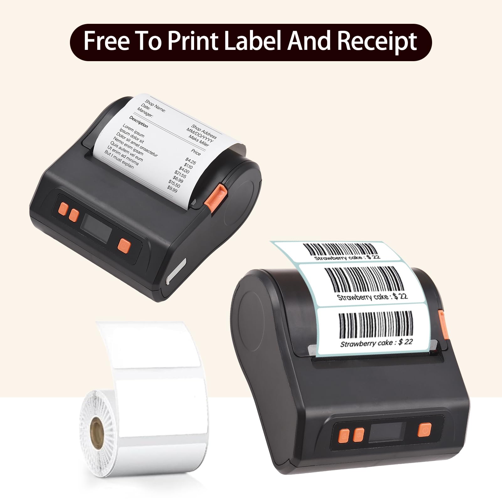 HXBER Receipt Printer, Portable 80mm Receipt Label Printer Wireless BT Thermal Receipt Printer Mobile Bill Printer Compatible with Android/iOS/Windows System ESC/POS Print Command for Small Business