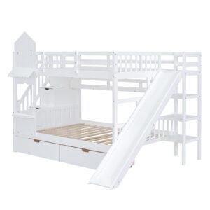 Harper & Bright Designs Full Over Full Bunk Bed with Stairs and Slide, Solid Wood Bunk Bed Frame with Storage Drawers and Bookshelf, for Kids Teens Adults- White