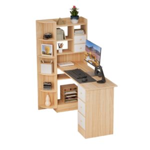 clinmday L-Shaped Modern Minimalist Computer Desk with Bookshelves Wide Desktop Corner Desk with Storage Shelves with Drawers and Filing Cabinets Suitable for Home Study, Home Office, Brown