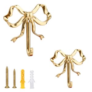 xihircd 2pcs gold bow hooks, multi-purpose bowknot coat hook ribbon decorative purse wall hanger vintage key holder for towel hats bags living room bedroom bathroom organizer (2 sizes)