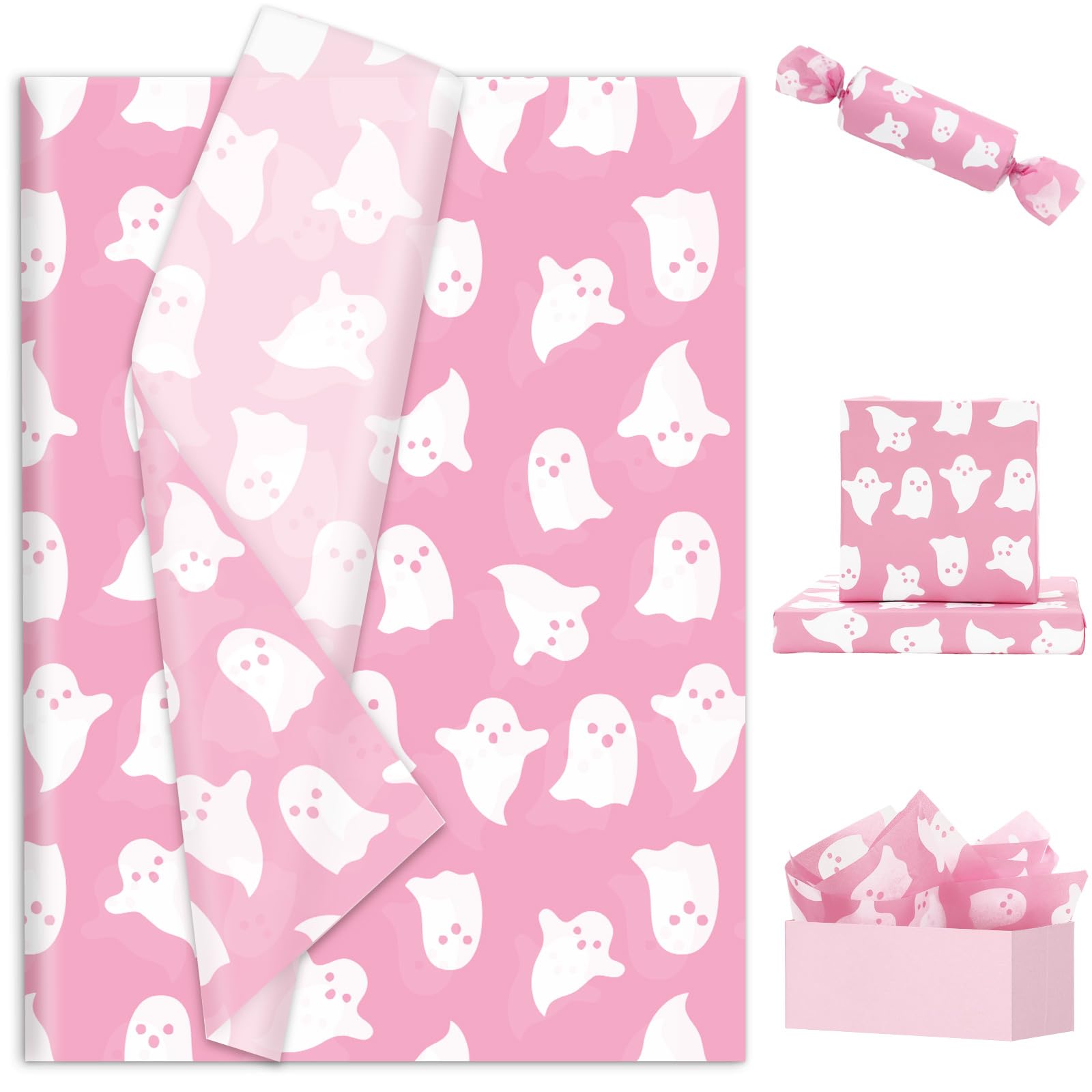 JarThenaAMCS 100 Sheets Halloween Tissue Paper Pink Ghost Gift Wrapping Paper for DIY Arts Crafts Holiday Party, 14 x 20 Inch