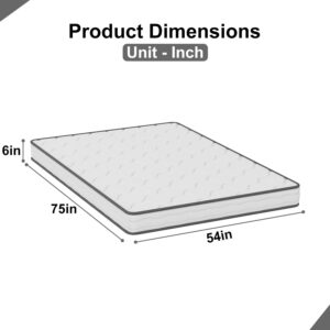 6 Inch Full Size Mattress with Innerspring and Foam, Hybrid Mattress Full with Fiberglass Free, Medium Firm Spring Mattress, Full Size Mattress in A Box, Pressure Relief, 75"L X 54"W X 6"Th, White