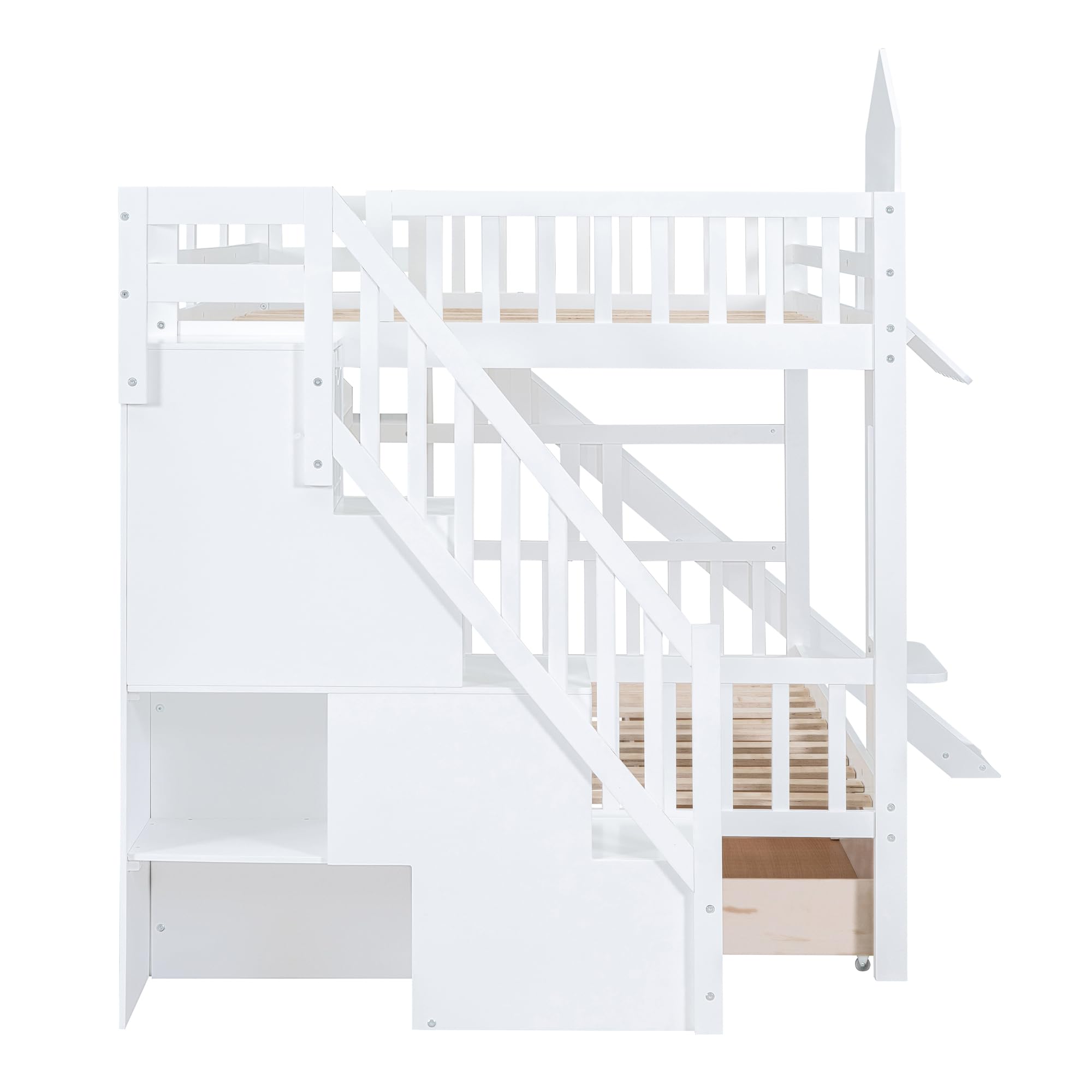 Harper & Bright Designs Full Over Full Bunk Bed with Stairs and Slide, Solid Wood Bunk Bed Frame with Storage Drawers and Bookshelf, for Kids Teens Adults- White