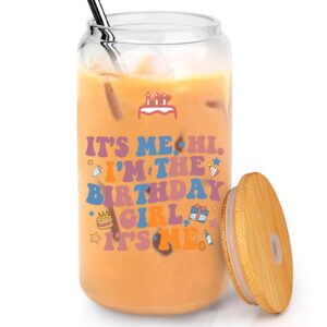 i'm the birthday girl glass cup, glass cups with lids and straws, 16 oz drinking glasses tumbler with straw and lid, iced coffee cup with bamboo lids, glass can coffee cups, birthday gifts for women