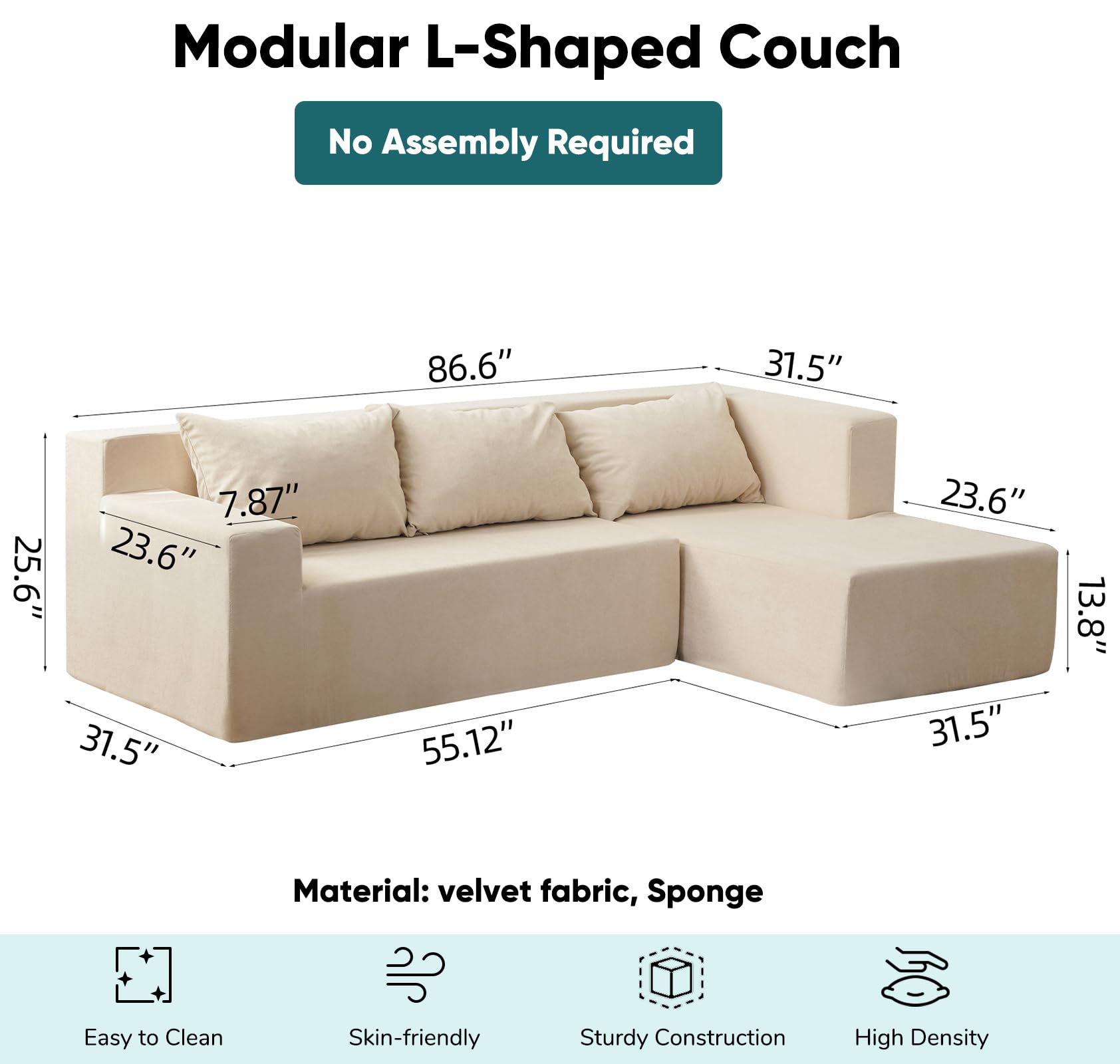 JOYBASE Modular Sectional L-Shaped Sofa Cloud Couch, Modern Minimalist 3-Seat Couch with Right-Hand Facing Chaise for Living Room Office, No Assembly Required (Khaki)