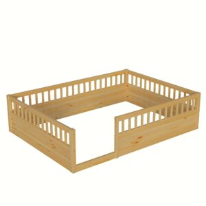 KEIKI Full Floor Bed Frame with Fence, Wood Kids Floor Beds Frame for Bedroom Playroom,Natural