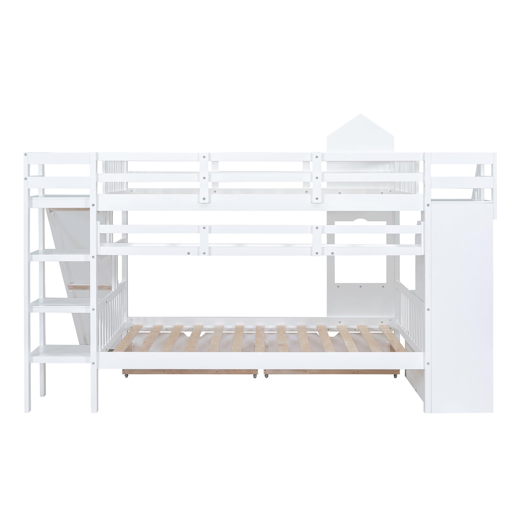 Harper & Bright Designs Full Over Full Bunk Bed with Stairs and Slide, Solid Wood Bunk Bed Frame with Storage Drawers and Bookshelf, for Kids Teens Adults- White