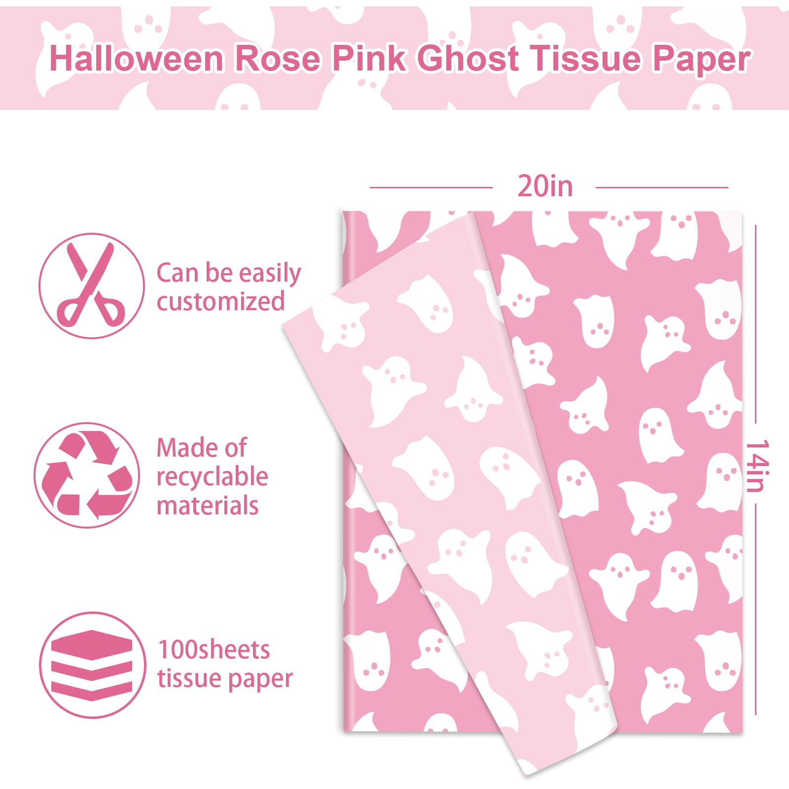 JarThenaAMCS 100 Sheets Halloween Tissue Paper Pink Ghost Gift Wrapping Paper for DIY Arts Crafts Holiday Party, 14 x 20 Inch