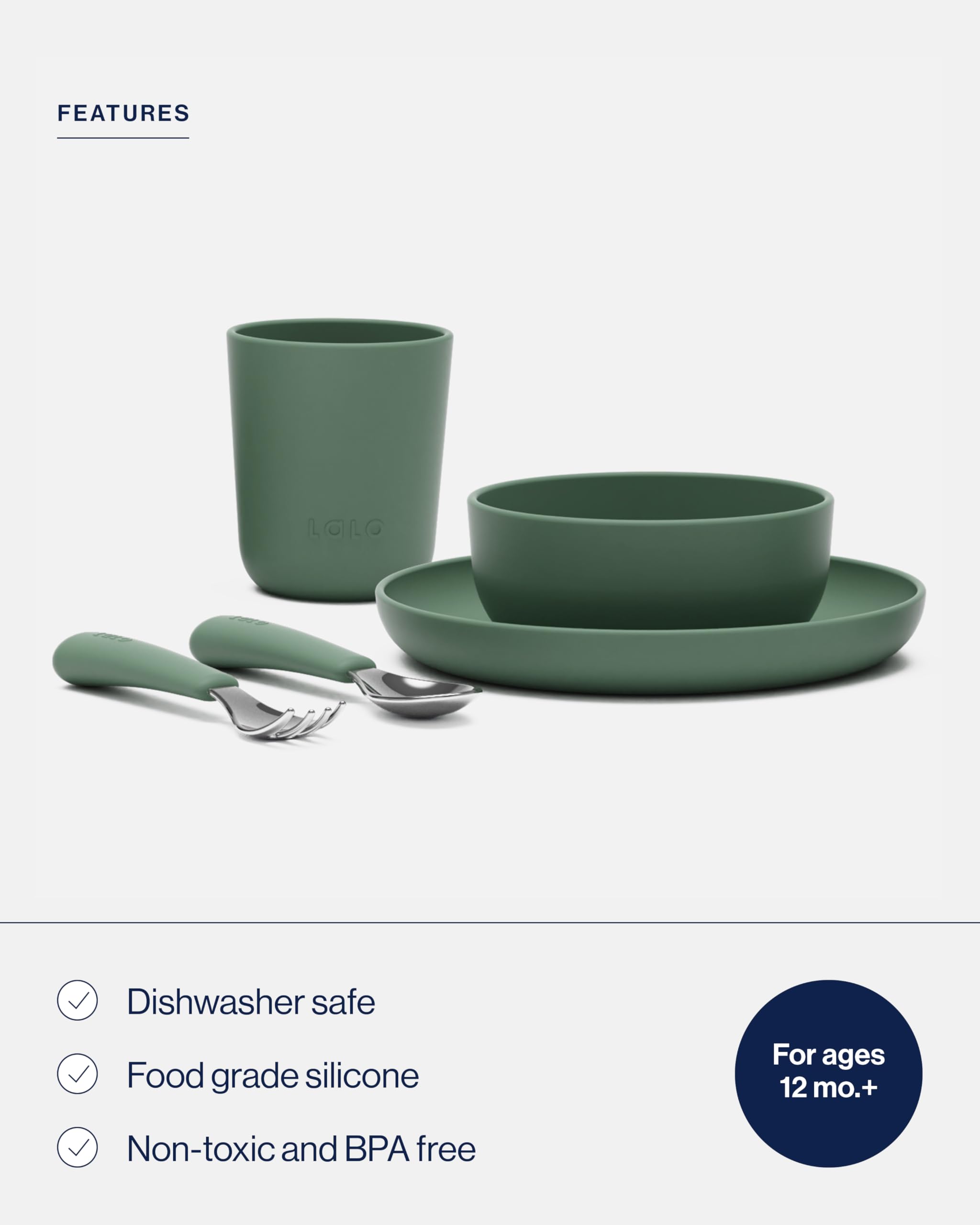 Lalo Big Bites Kids Dinnerware Starter Set - Dishwasher Safe, BPA Free, Kids Tableware Set - Includes Stackable Bowl, Plate, Utensils & Cup - 5 Pieces - Olive