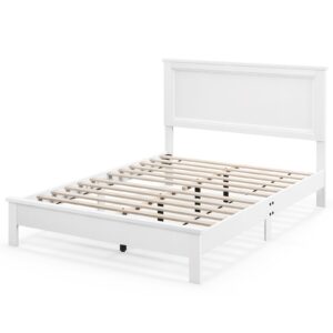 Giantex Wood Full Platform Bed Frame with Headboard, Mid Century Bed Frame with Solid Wood Legs & Wooden Slat Support, No Box Spring Needed, White Bed