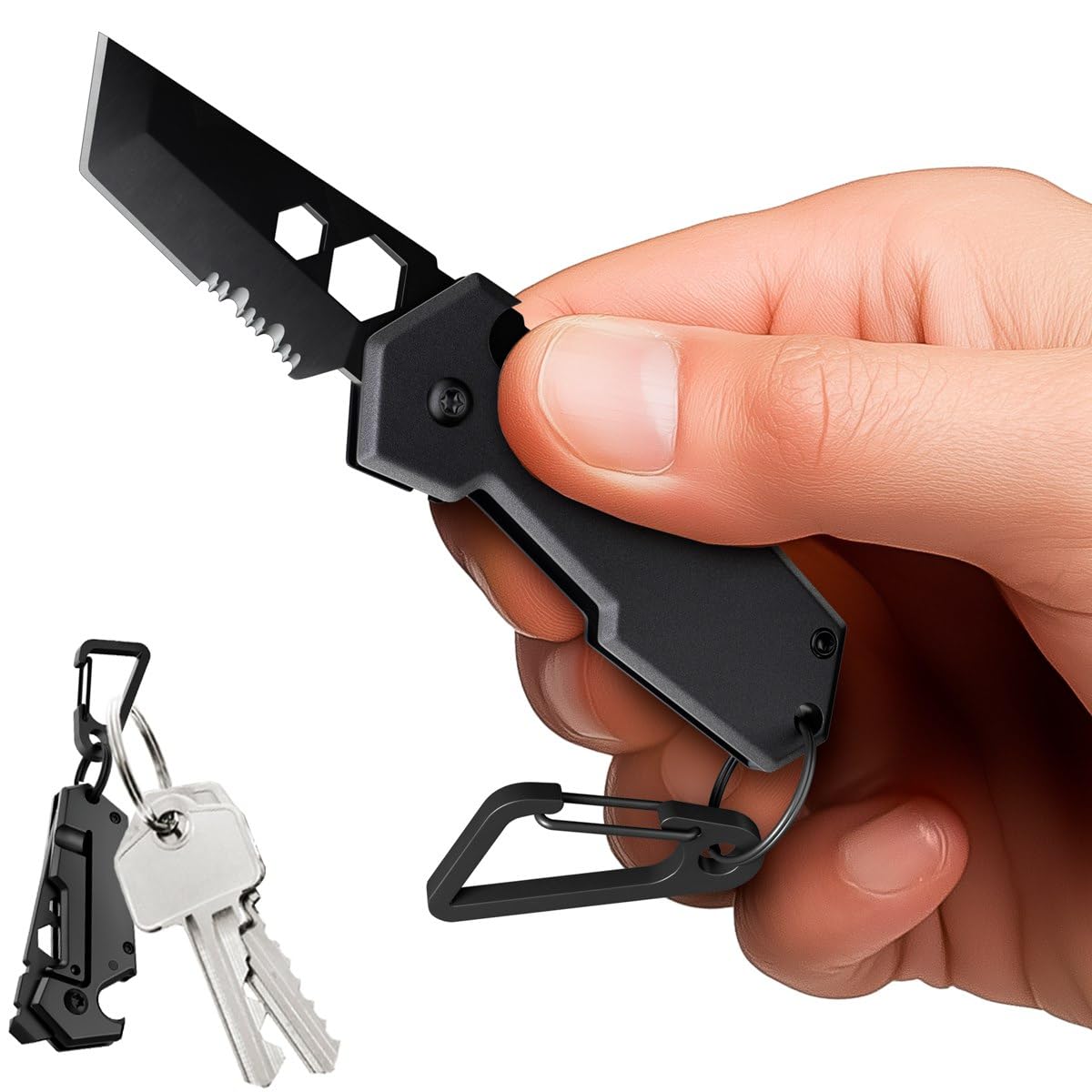 Mini Keychain Knife with Carabiner - 2" Tanto Serrated Blade - Black Multitool with Bottle Opener - Box Cutter - Liner Lock - Legal Small Pocket Knife for Men - EDC Foldings Knives for Gifts 2248