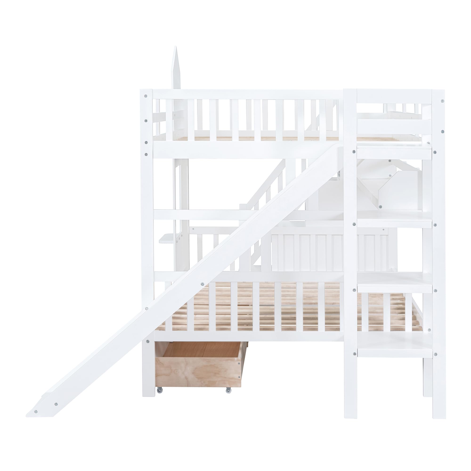 Harper & Bright Designs Full Over Full Bunk Bed with Stairs and Slide, Solid Wood Bunk Bed Frame with Storage Drawers and Bookshelf, for Kids Teens Adults- White