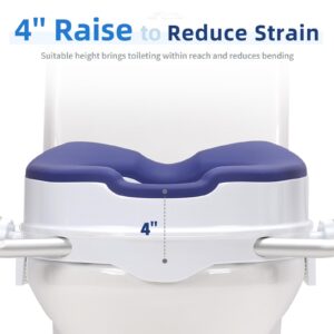 Toilet Seat Riser with Handles, 4'' Raised Toilet Seat for Seniors with TPR Padded and Aluminum Arms, Toilet Safety Riser for Standard Commode (Blue)