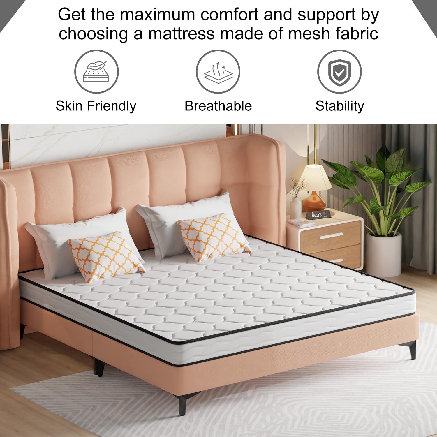 6 Inch King Size Mattress with Innerspring and Foam, Hybrid Mattress King with Fiberglass Free, Medium Firm Spring Mattress, King Size Mattress in A Box, Pressure Relief, 80"L X 76"W X 6"Th, White