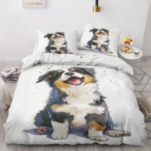 qpazynthy australian shepherd bedding twin size, cartoon dog duvet cover set 3 pieces, puppy duvet cover and 2 pillow shams, soft microfiber comforter cover with zipper closure