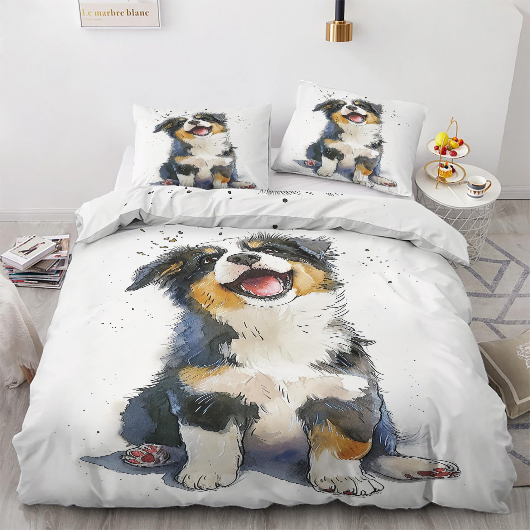 QpaZynthy Australian Shepherd Bedding Twin Size, Cartoon Dog Duvet Cover Set 3 Pieces, Puppy Duvet Cover and 2 Pillow Shams, Soft Microfiber Comforter Cover with Zipper Closure