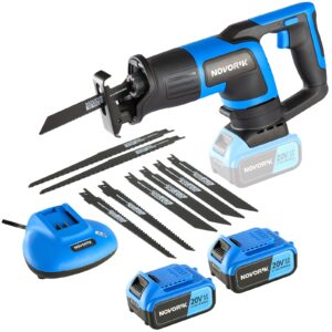 novorik 20v cordless reciprocating saw,0-3000 spm 22mm reciprocating stroke saw reciprocating with 2 x 4.0ah battery & 8 saw blades for wood metal pvc cutting