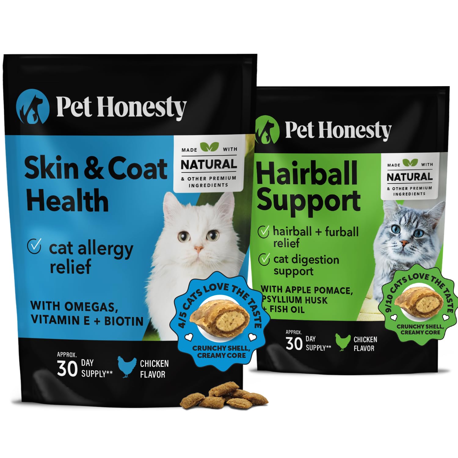 Pet Honesty Cat Skin & Coat Health & Hairball Support Bundle: Omegas & Biotin Chews for Shiny Coat & Furball Remedy (Chicken 30-Day Supply)