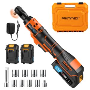 protmex 3/8'' cordless ratchet wrench, 60ft-lbs (80n.m) electric ratchet with 21v 2 x 2.0ah battery, 400 rpm chargeable power ratchet driver set with 8 sockets,1/4 adaptor, 3" extension bar