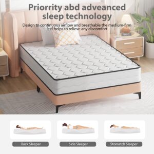 10 Inch Queen Size Mattress with Innerspring and Foam, Hybrid Mattress Queen with Fiberglass Free, Medium Firm Spring Mattress, Queen Size Mattress in A Box, Pressure Relief, 80"L X 60"W X 10"Th